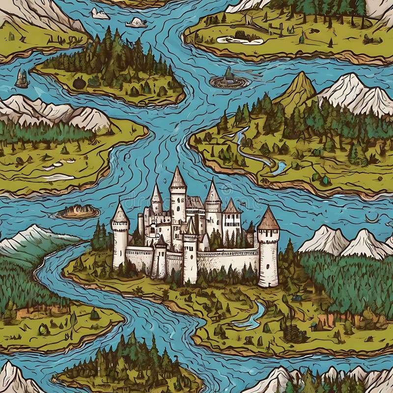 A Whimsical Hand-Drawn Style Map with Rivers, Mountains, Forests, and ...