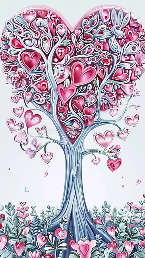 Whimsical Heart Tree with Intricate Pink Leaves and Floral Branches ...
