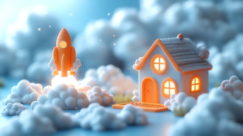 Whimsical House with a Rocket Launching Amidst Soft Clouds Stock ...