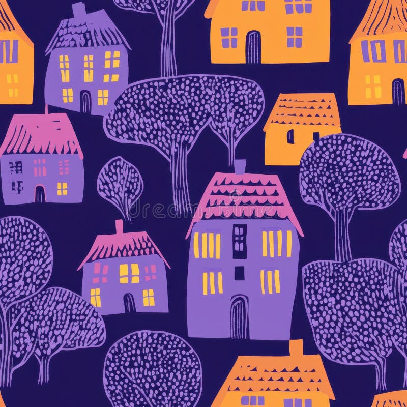 Whimsical Houses and Trees Seamless Pattern in Vibrant Colors. Stock ...