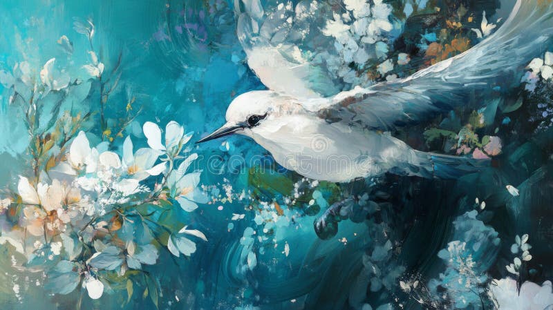 Whimsical Hummingbird in Flight among Blue and White Blossoms Stock ...