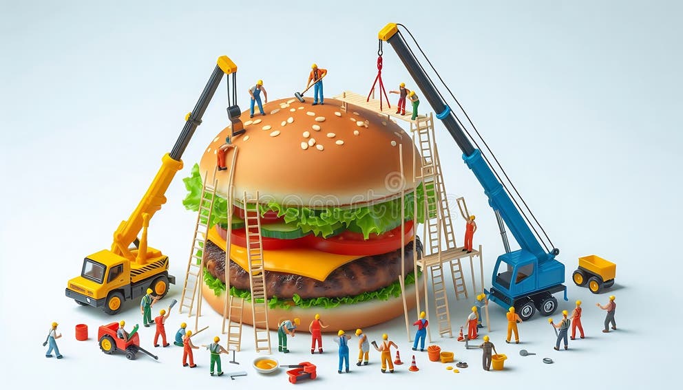 Miniature Construction Workers Build a Massive Burger Stock ...