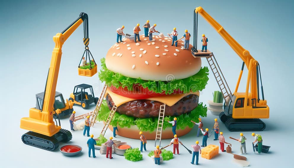 Miniature Construction Crew Builds a Giant Burger Stock Illustration ...