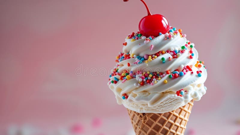 Whimsical Ice Cream Cone with Sprinkles and Cherry on a Pink Background ...