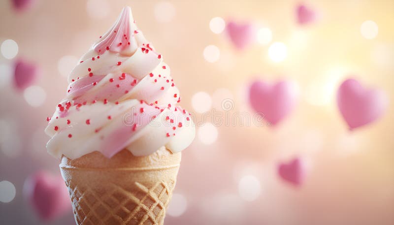 Whimsical Ice Cream Cone Surrounded by Heart-shaped Bokeh in Soft Light ...