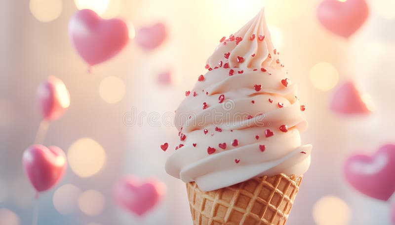 Whimsical Ice Cream Cone Surrounded by Heart-shaped Bokeh in Soft Light ...