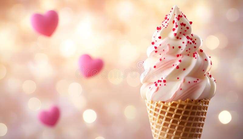 Whimsical Ice Cream Cone Surrounded by Heart-shaped Bokeh in Soft Light ...