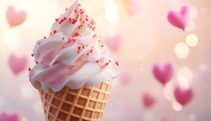 Whimsical Ice Cream Cone Surrounded by Heart-shaped Bokeh in Soft Light ...
