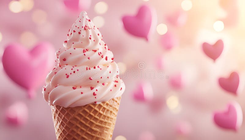 Whimsical Ice Cream Cone Surrounded by Heart-shaped Bokeh in Soft Light ...