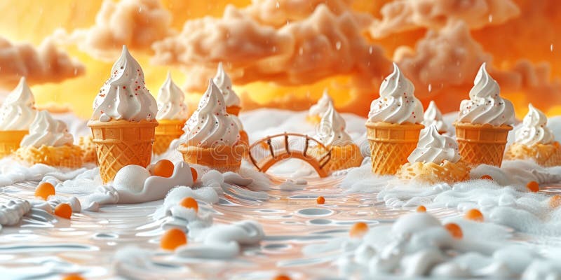 Whimsical Ice Cream Landscape with Cones and Whipped Cream in a Dreamy ...