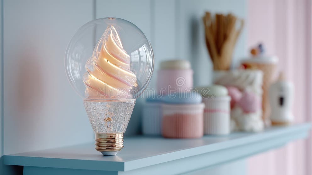 Whimsical Ice Cream Light Bulb on Pastel Shelf in Cozy Kitchen Setting ...