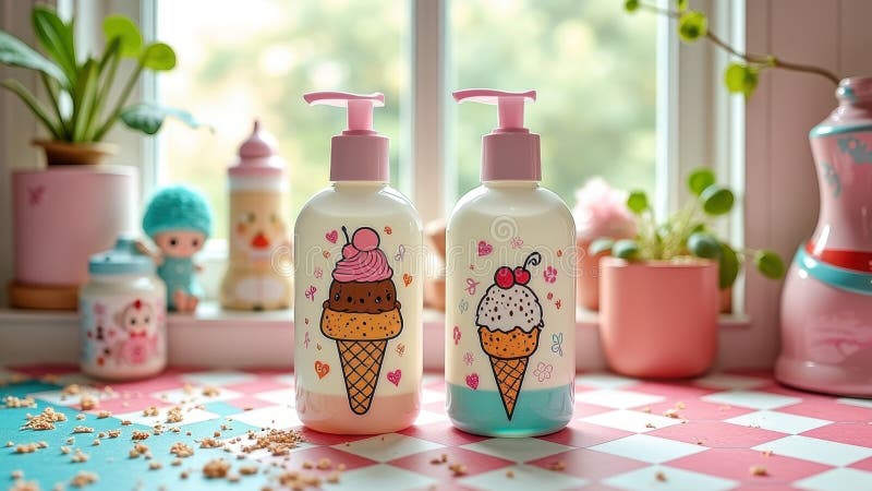 Whimsical Ice Cream-themed Soap Bottles in Colorful Kitchen Setting ...