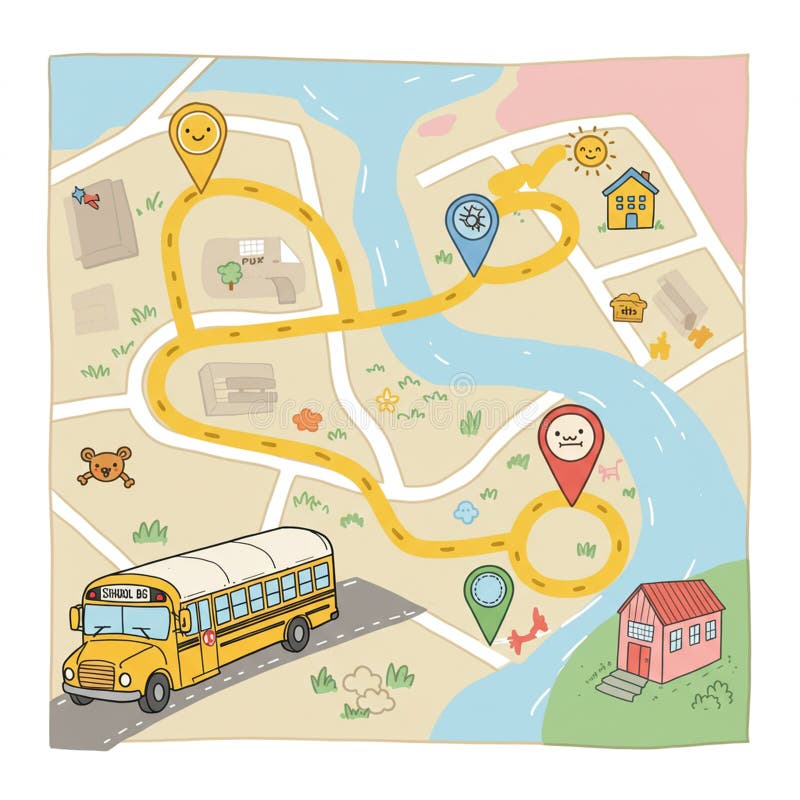 Whimsical Illustrated Map Featuring a Winding Yellow Path Along a River ...