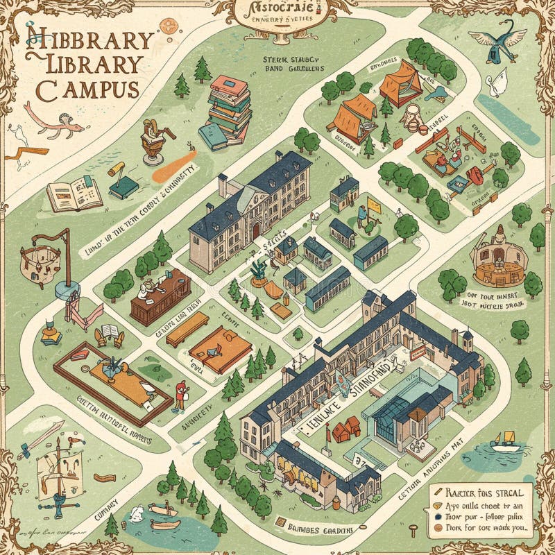Whimsical Illustrated Map of a Fictional Library Campus Featuring ...