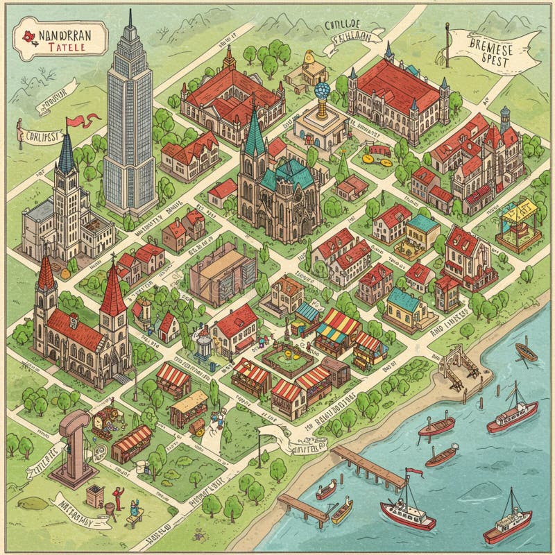 Whimsical Illustrated Map of an Imaginary Town, Featuring Iconic ...