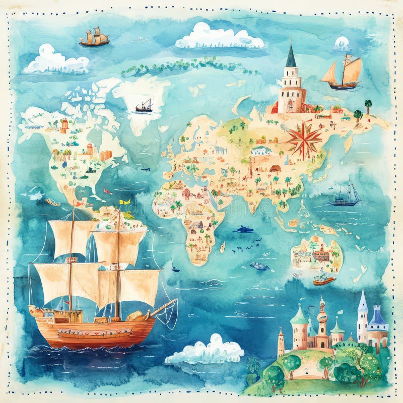Whimsical Illustrated World Map Featuring Ships, Landmarks, and Nature Stock Illustration ...