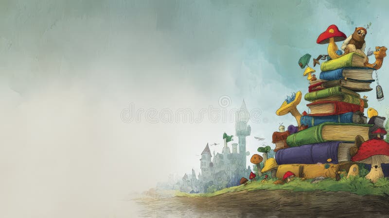 Whimsical Animal Book Stack Illustration with Distant Castle Stock ...
