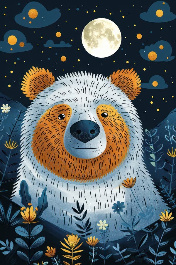 Adorable Bear in Moonlight Garden: a Whimsical Illustration of a ...