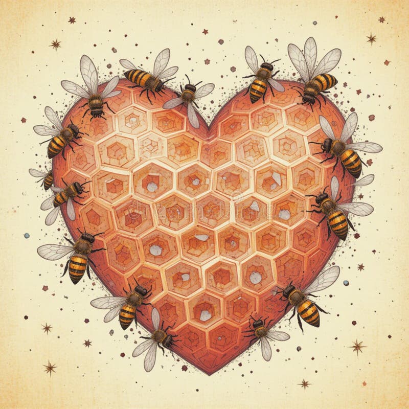 Illustration of Bees Buzzing Around a Honeycomb Heart Stock ...