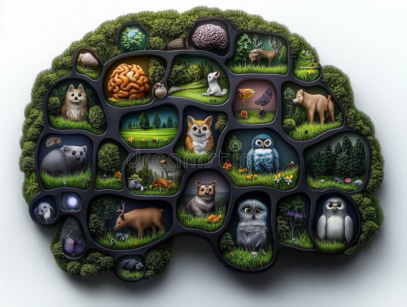 Cartoon Brain Map Made of Trees and Animals in Forest Structure Stock ...