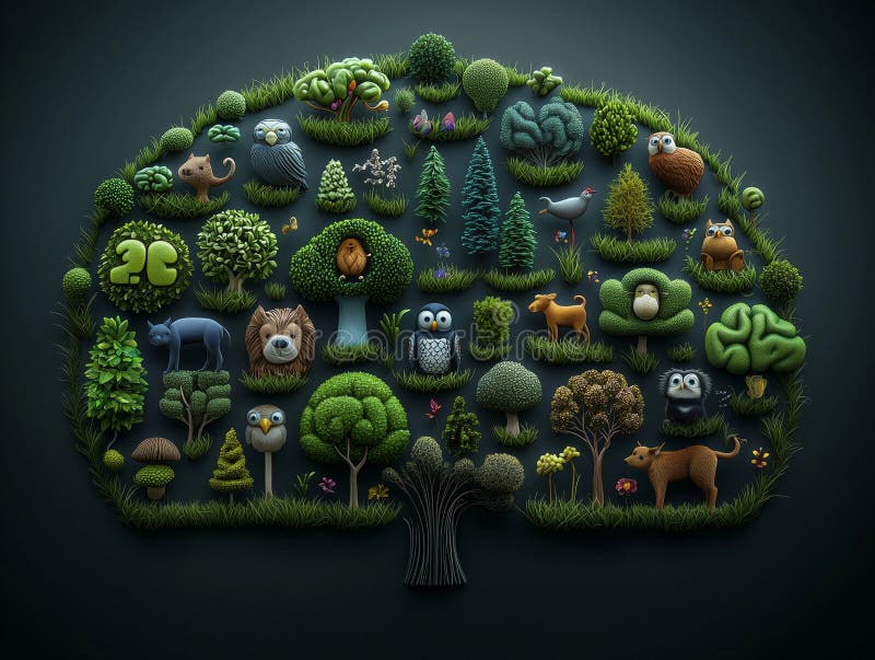 Cartoon Brain Map Made of Trees and Animals in Forest Structure Stock ...