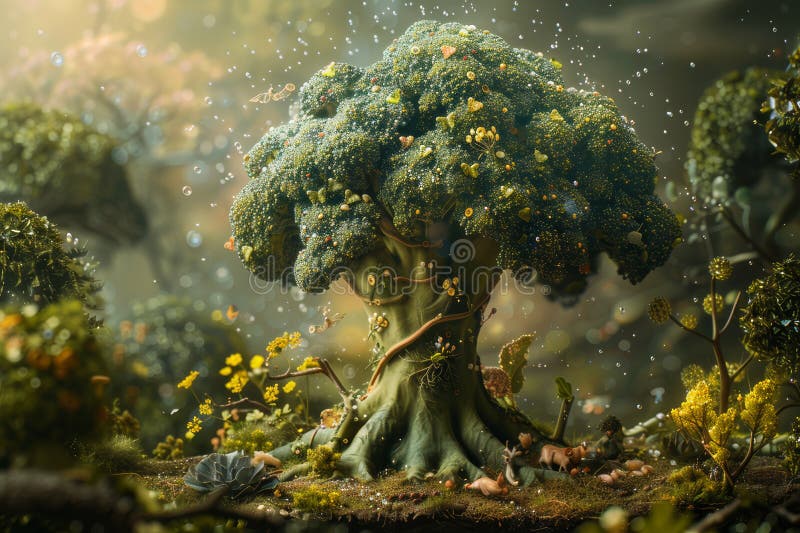 A Whimsical Illustration of a Broccoli Tree in a Fantasy Landscape ...
