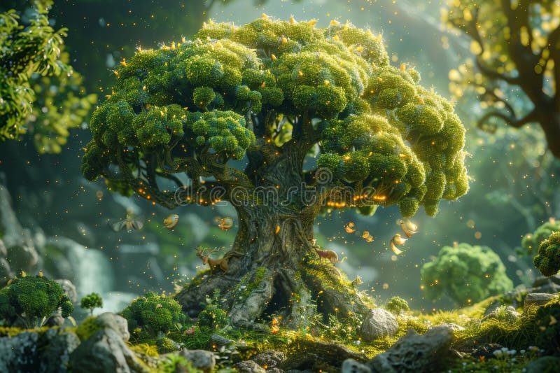 A Whimsical Illustration of a Broccoli Tree in a Fantasy Landscape ...