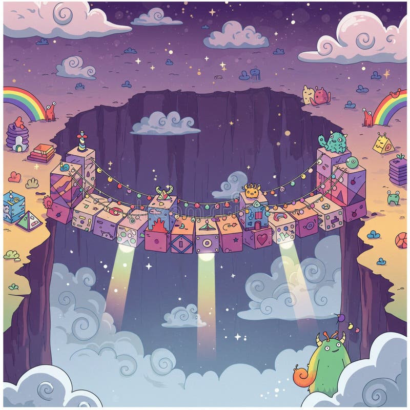 Whimsical Illustration with Cartoon Creatures, Colorful Blocks Forming ...