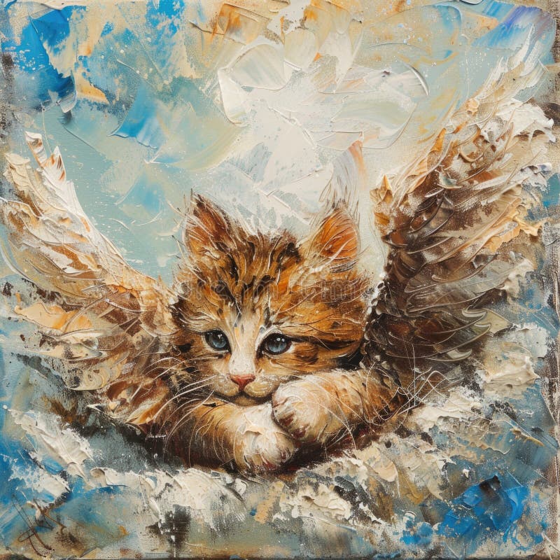 A Whimsical Illustration of a Cat with Wings Spread Wide Against a ...