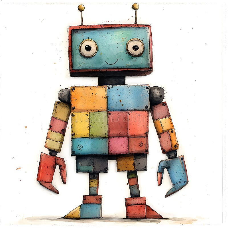 A Whimsical Illustration of a Cheerful Patchwork Robot Stock ...