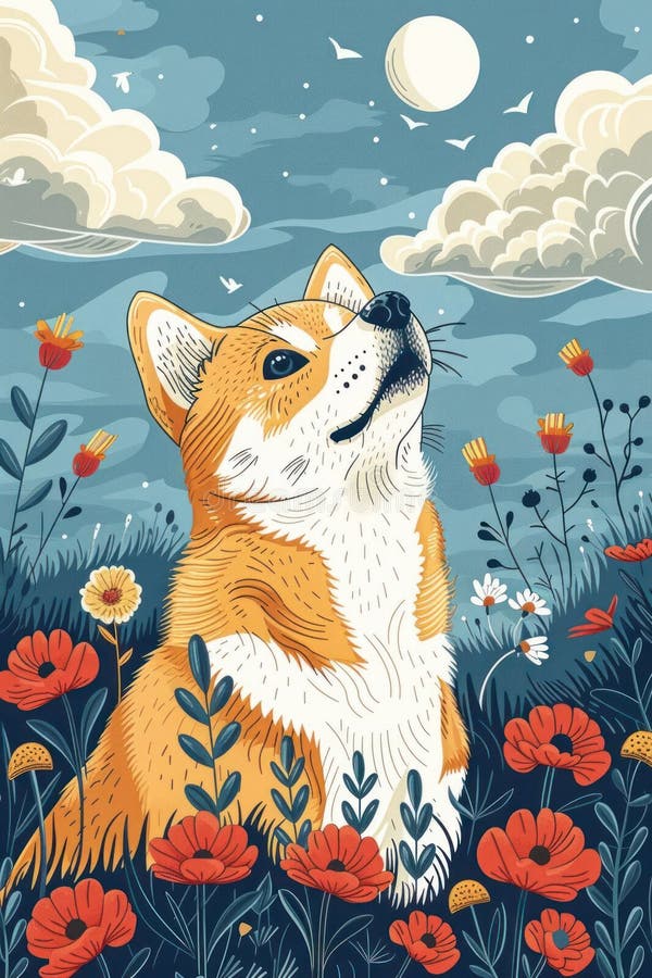 Adorable Corgi Puppy in a Vibrant Wildflower Meadow Under the Night Sky ...