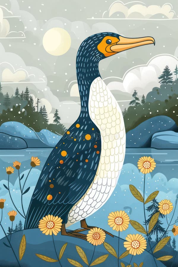 Stylized Cormorant Bird by the Lake at Dusk Stock Illustration ...