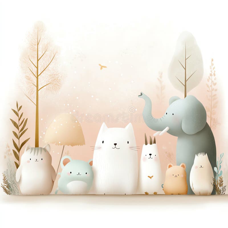 A Whimsical Illustration of Cute Animals in a Pastel Forest, Featuring ...