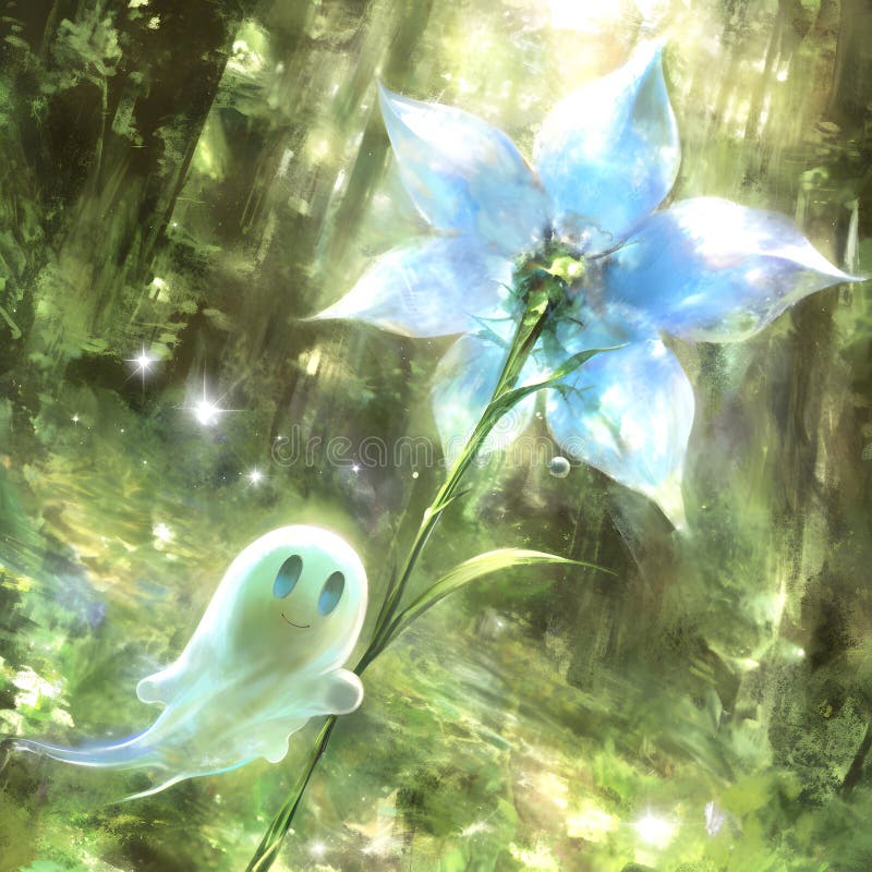Cute Ghost and Blue Flower in Magical Forest Illustration Stock ...