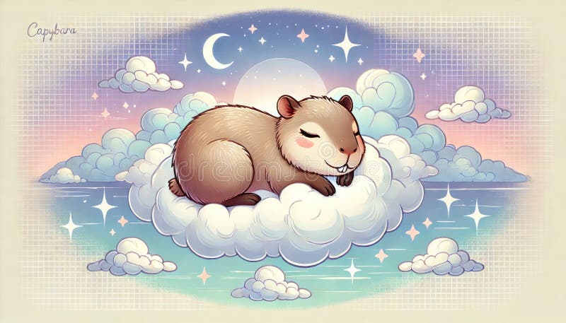 Capybara Sleeping Peacefully on a Cloud Under a Starry Night Sky Stock ...