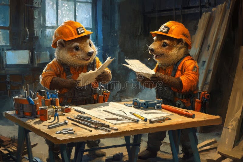 Beavers Collaborating on Construction Plans Stock Illustration ...