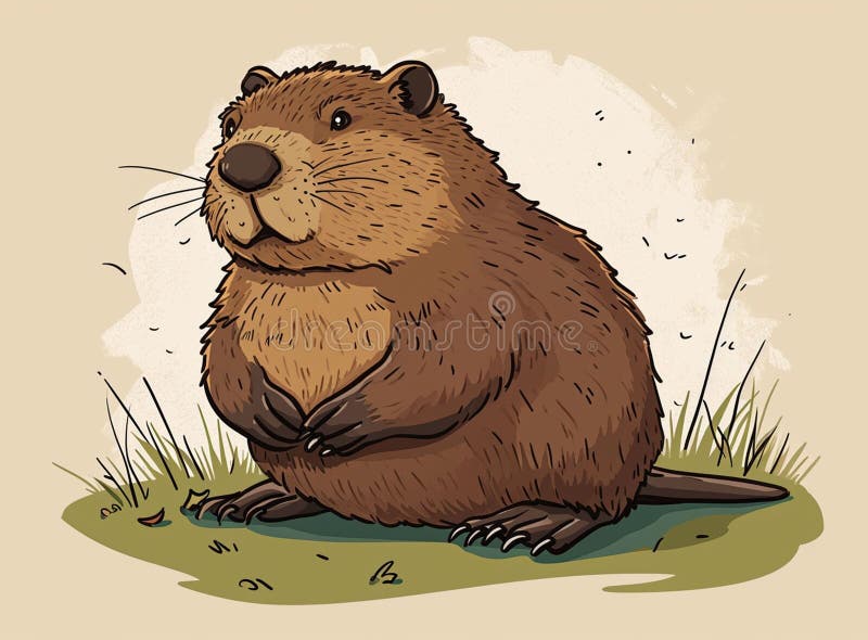 Cute Cartoon Beaver Standing on Grass with a Friendly Expression. Stock ...