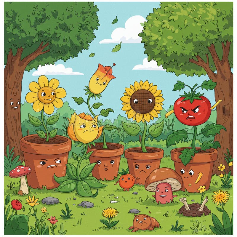 Whimsical Illustration Features Animated Plants and Vegetables in a ...
