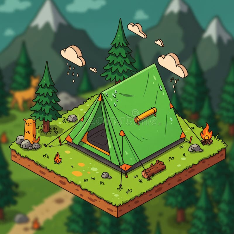 A Whimsical Illustration Features a Green Tent in a Forested Area. the ...