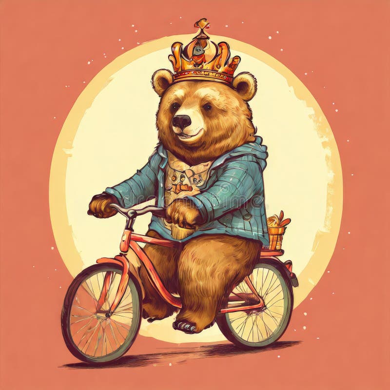 Bear in a Crown Riding a Bicycle Illustration Stock Image - Image of ...
