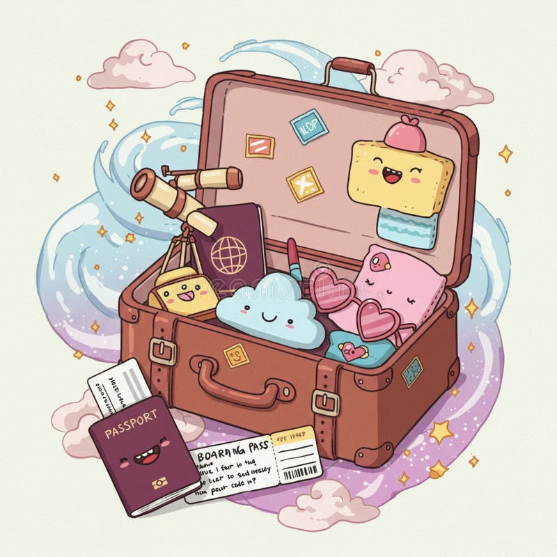 A Whimsical Illustration Featuring an Open Suitcase Filled with Cheerful, Animated Stock ...