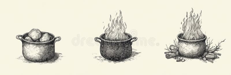 A Whimsical Illustration Featuring Three Distinct Cooking Pots with ...