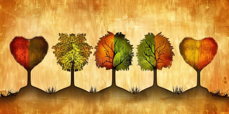 A Whimsical Illustration of Five Heart-shaped Trees, Each Representing ...