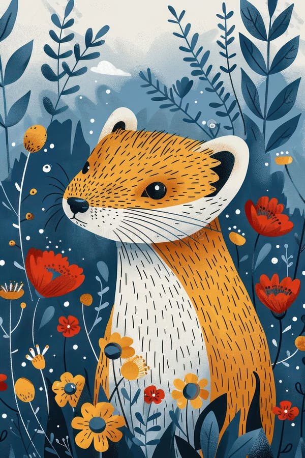 Adorable Stoat Amidst Vibrant Floral Meadow Stock Illustration ...
