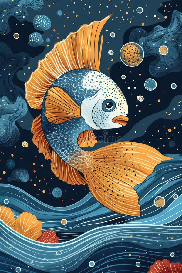 Vibrant Orange and Blue Fish Swimming in Abstract Ocean Waves Stock ...