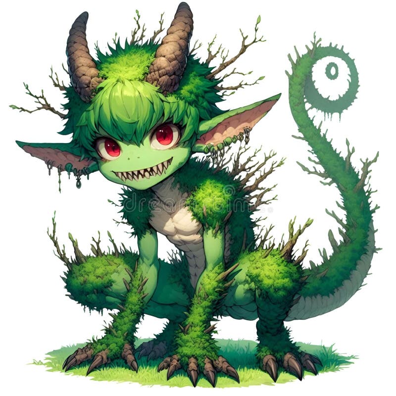 A Whimsical Illustration of a Green Creature with Moss and Branches ...