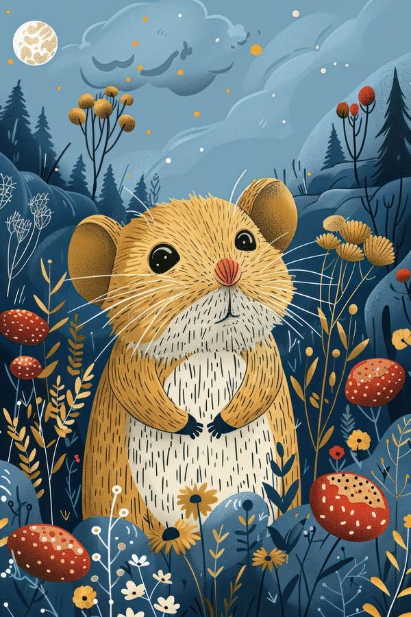 Adorable Woodland Mouse in a Moonlit Meadow Stock Illustration ...
