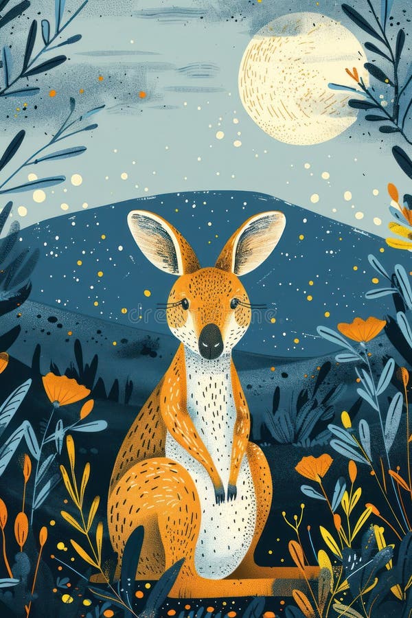 Adorable Kangaroo in Moonlight Night Garden Stock Illustration ...