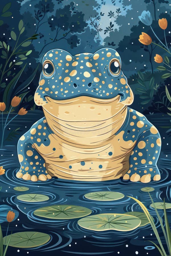 Charming Blue Spotted Frog in Night Pond Stock Illustration ...
