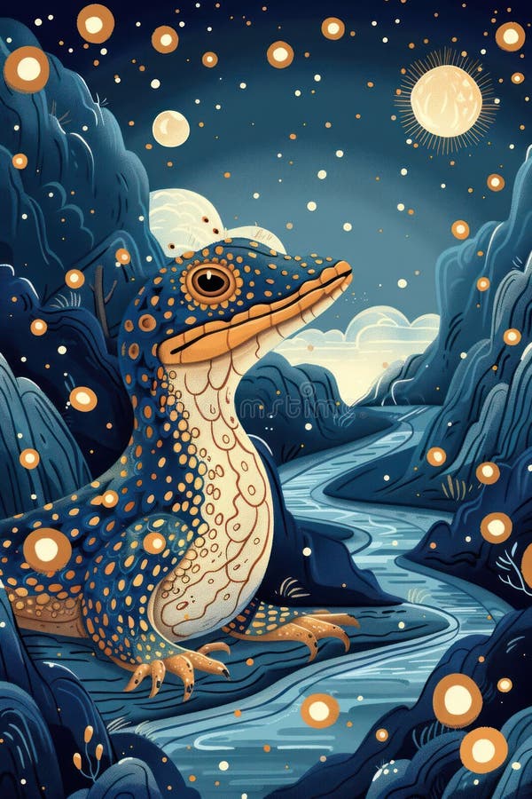 Mystical Blue Lizard by Moonlight River, Fantasy Illustration Stock ...